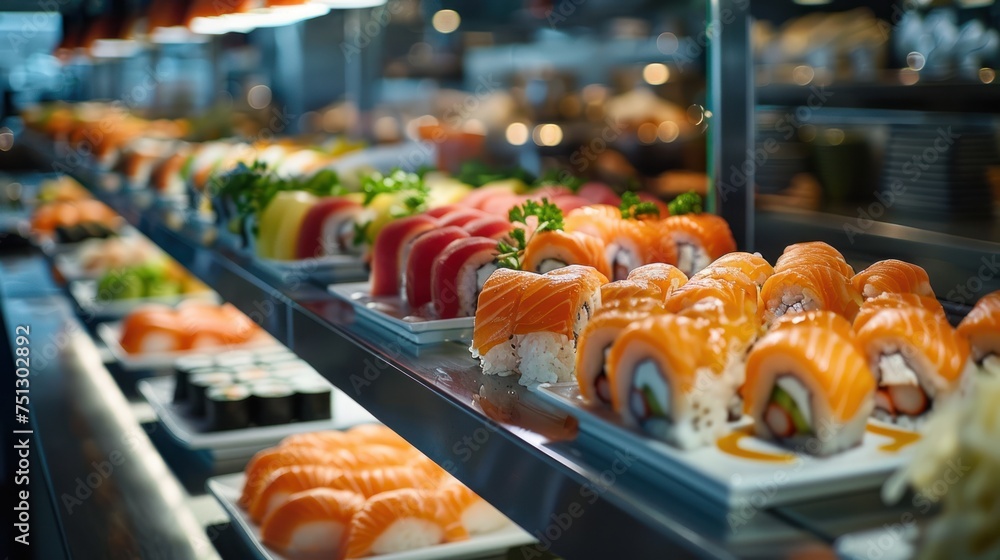 Foto de Sushi bar at the restaurant. Sushi buffet. Japanese food that ...