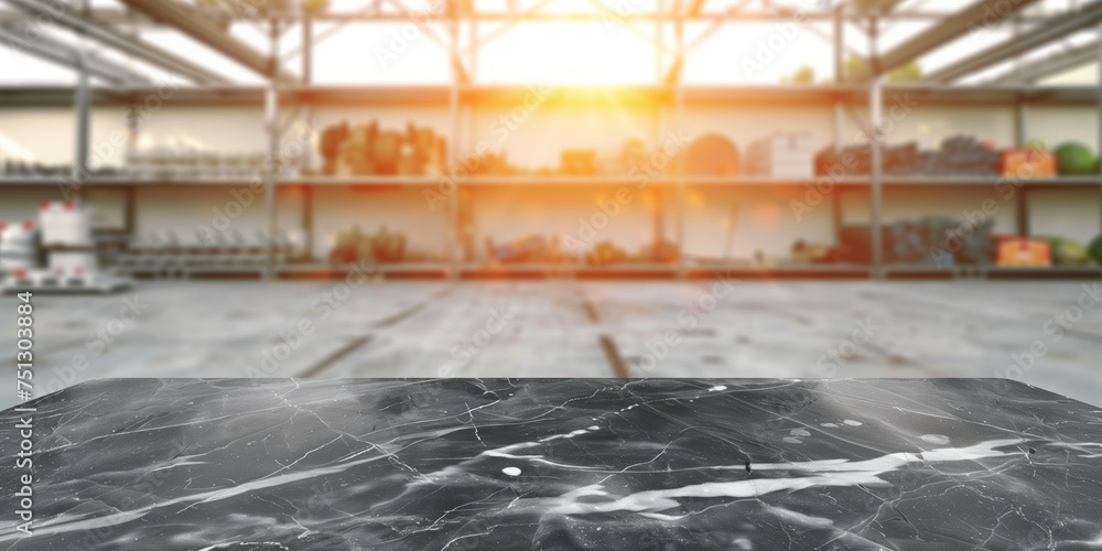 A table in an outdoor construction warehouse for product display ...