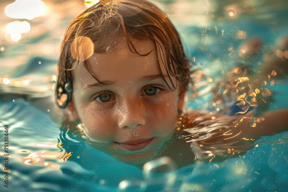 Cute kid swims and dives underwater in the pool. Active healthy ...