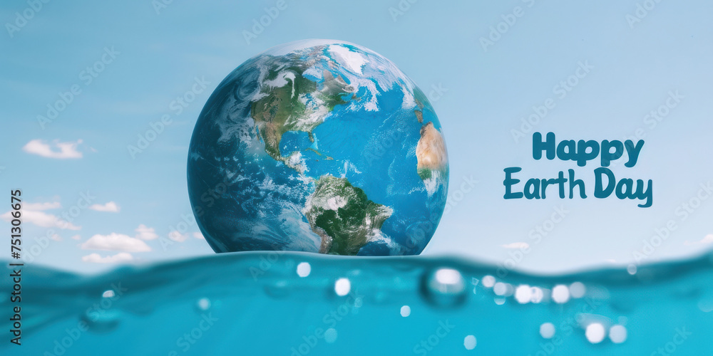An Earth globe floating in a clean blue ocean with 'Happy Earth Day ...