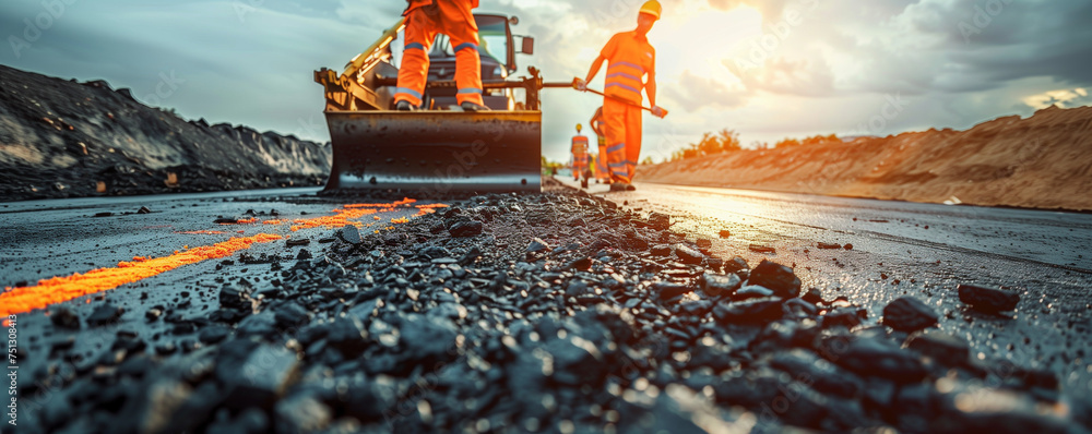 Men in work clothes and hard hats operate roadwork machines ...