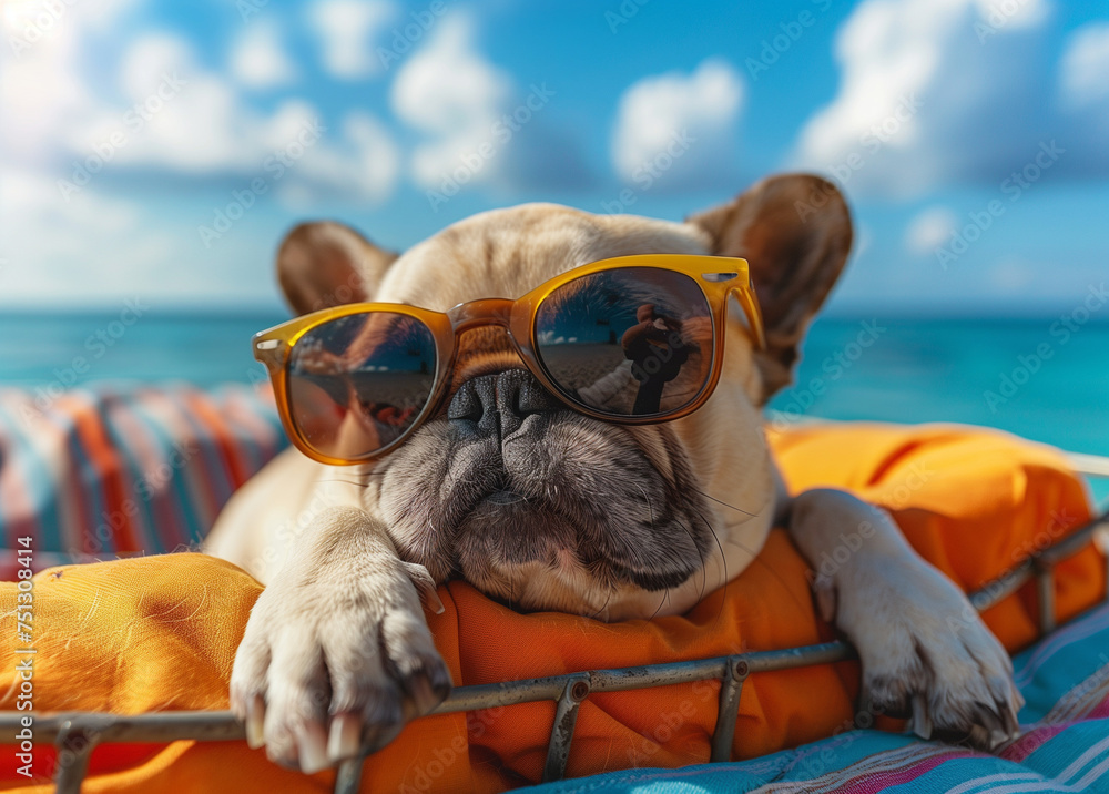 Pug-perfect relaxation! A laid-back pug, sporting sunglasses, basks in ...