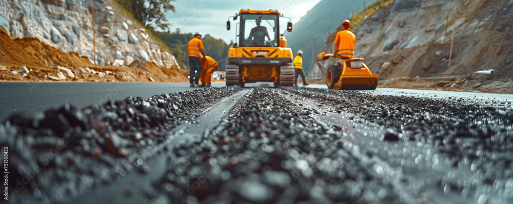 Men in work clothes and hard hats operate roadwork machines ...