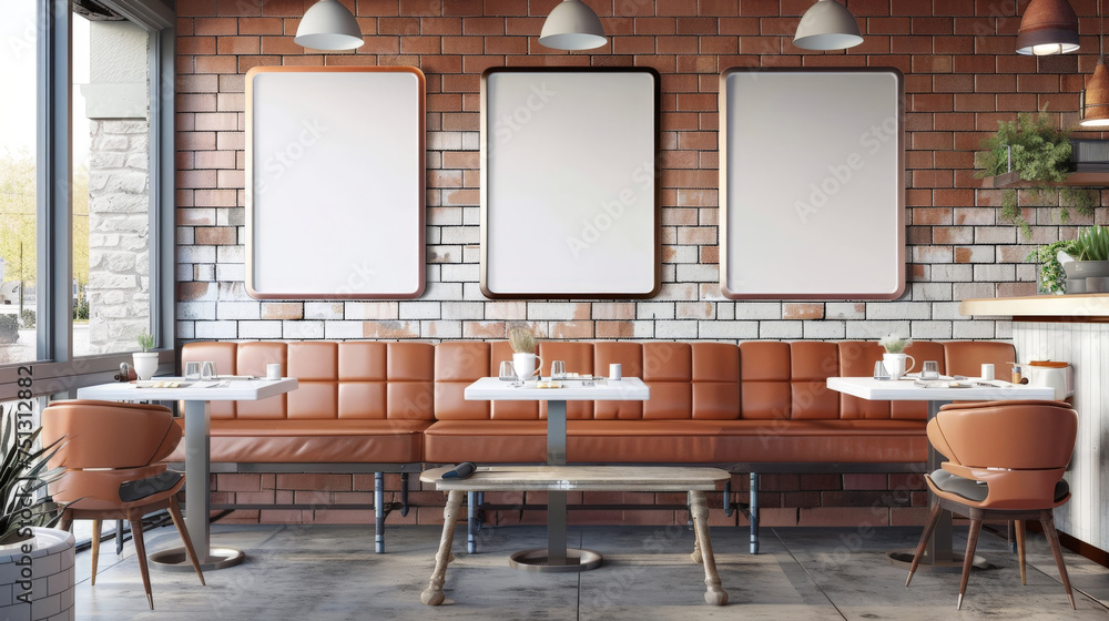 empty eatery room with sofas, tables and a coffee table with white ...
