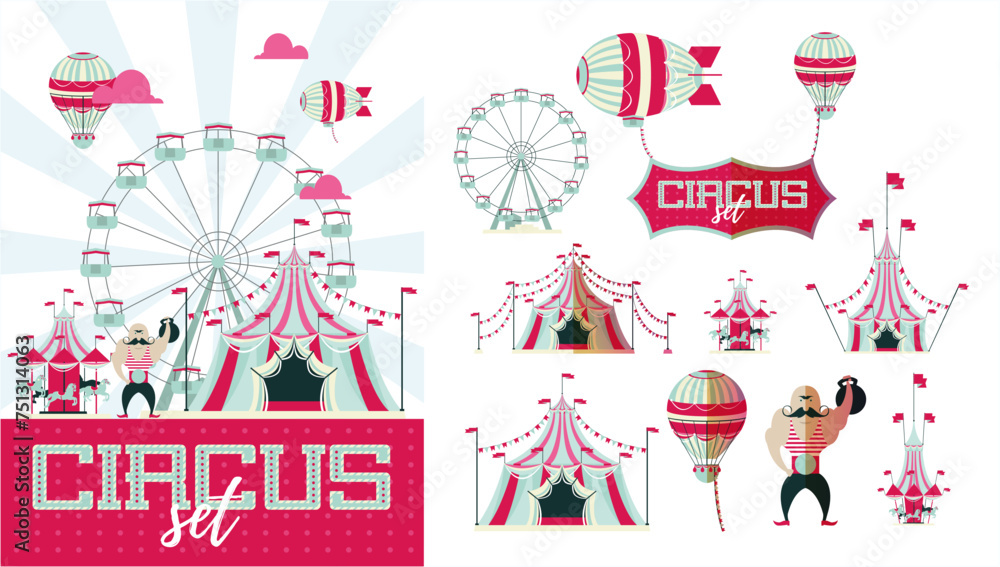 circus tent balloon airship plane, carousel horses, weightlifter circus ...