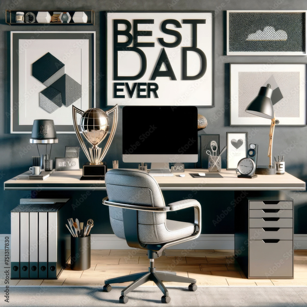 A contemporary image of a father's home office, sleek and modern. The ...