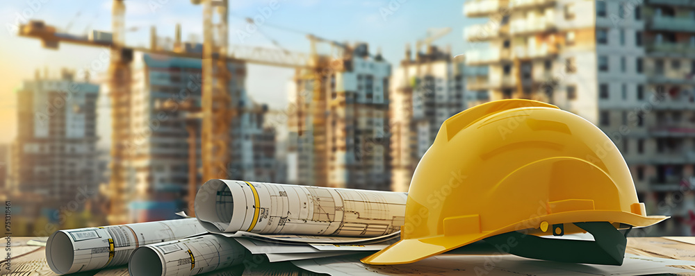 Construction blueprints and a yellow helmet placed against a ...
