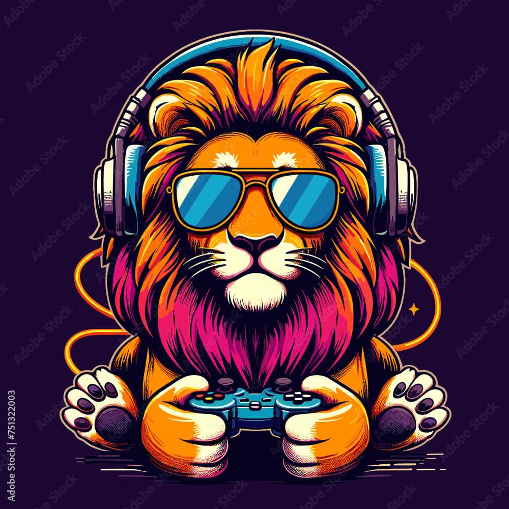 Lion as Gamer, Holding game controller, Funny and Cool, Minimal T-Shirt ...