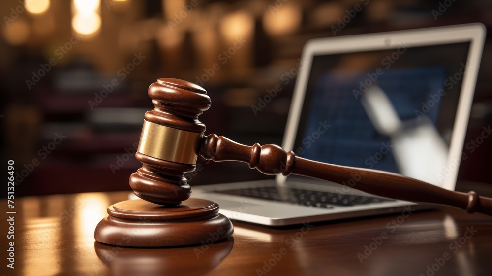 Depiction of law: A wooden judge's gavel resting on a laptop keyboard ...