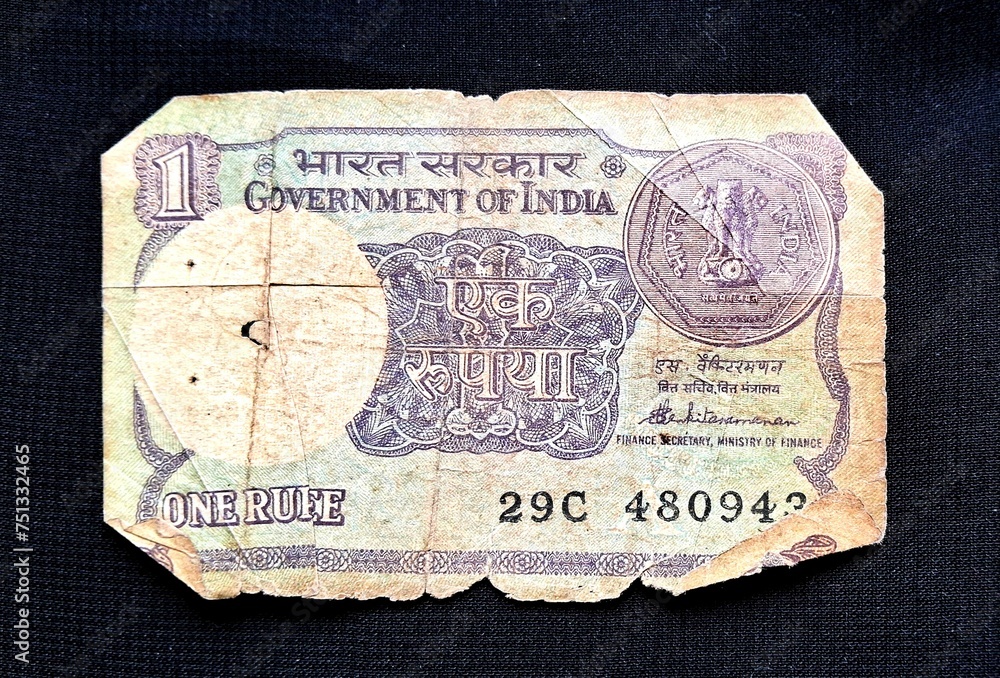 Rare Old Indian One rupee currency note on white background, Government ...
