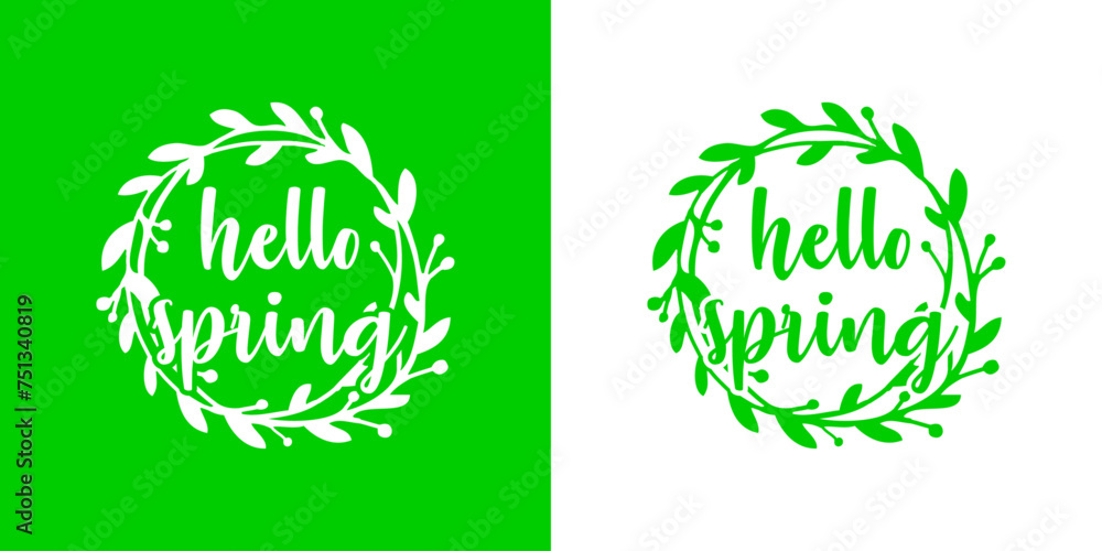 Logo con texto manuscrito hello spring con silueta de corona de bayas y ...