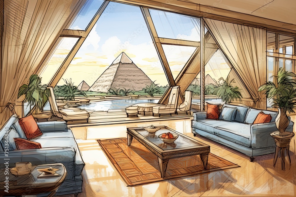 Interior design of a luxury living room in egyptian style overlooking ...