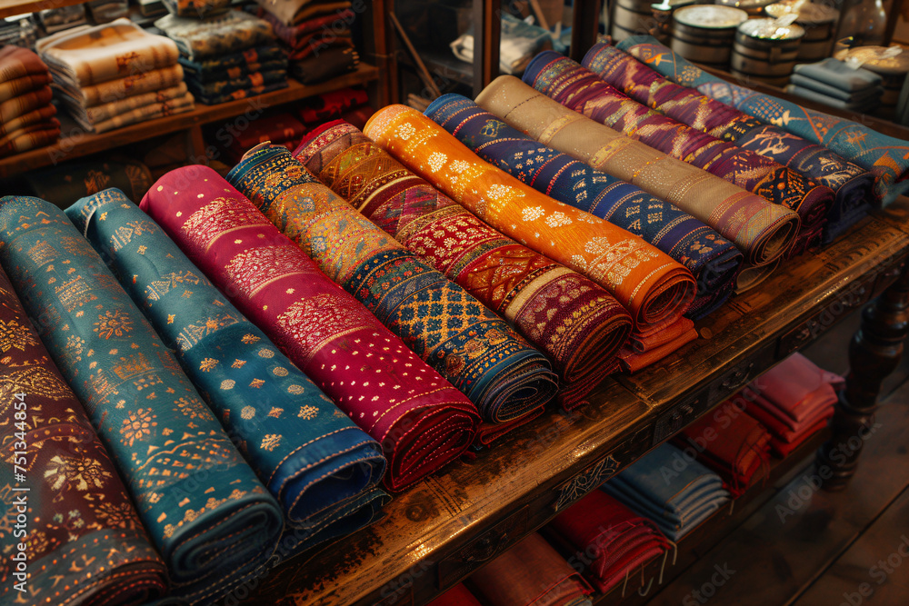 Neatly rolled ethnic textiles on display in a market. Array of ...