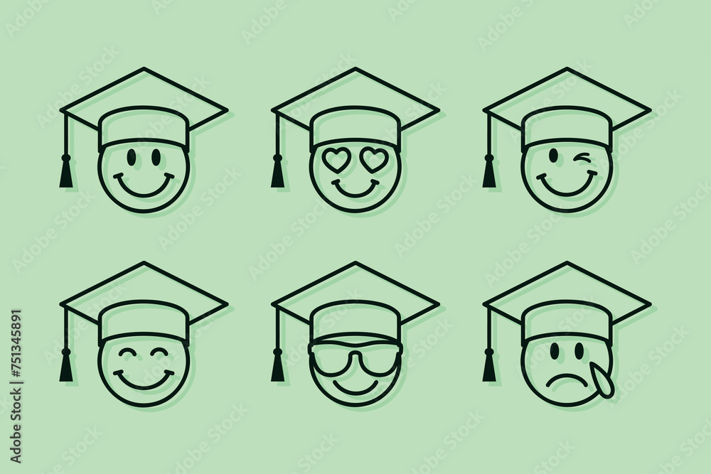 graduation emoji set, set of thin line smile emoticons with graduation ...