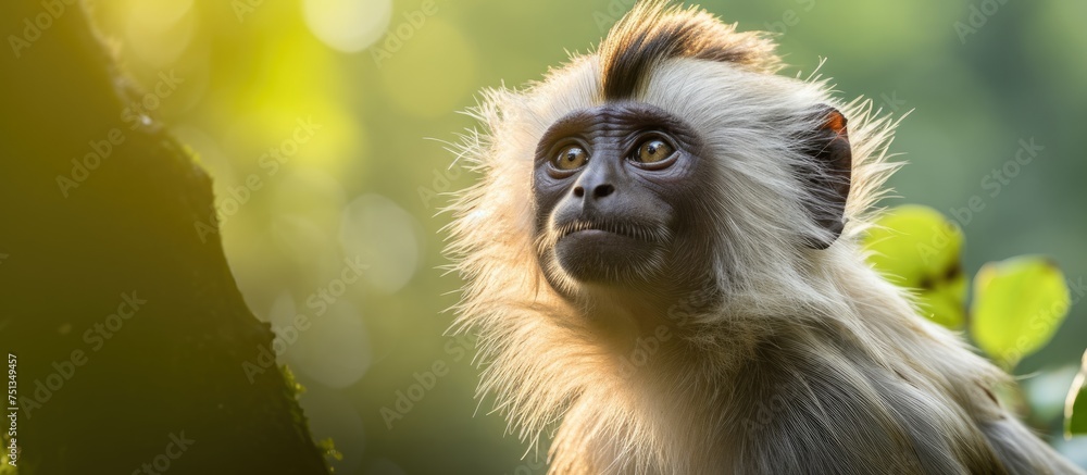An adult monkey with soft fur and a cute face sits on top of a tree ...