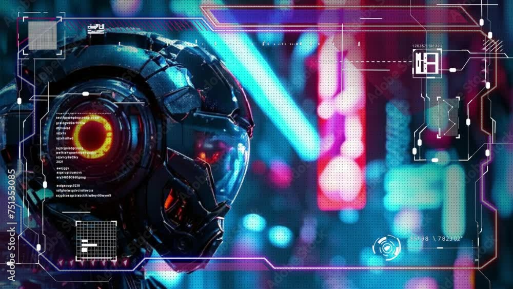 Combat robot in military metal armor. Futuristic cyborg security guard ...