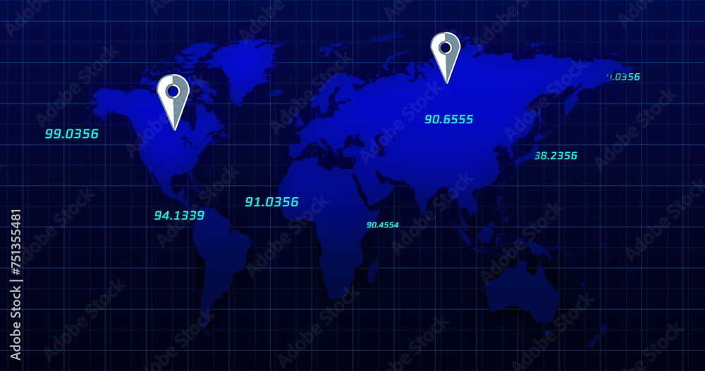 Digital image of location pin icons and floating numbers against world ...