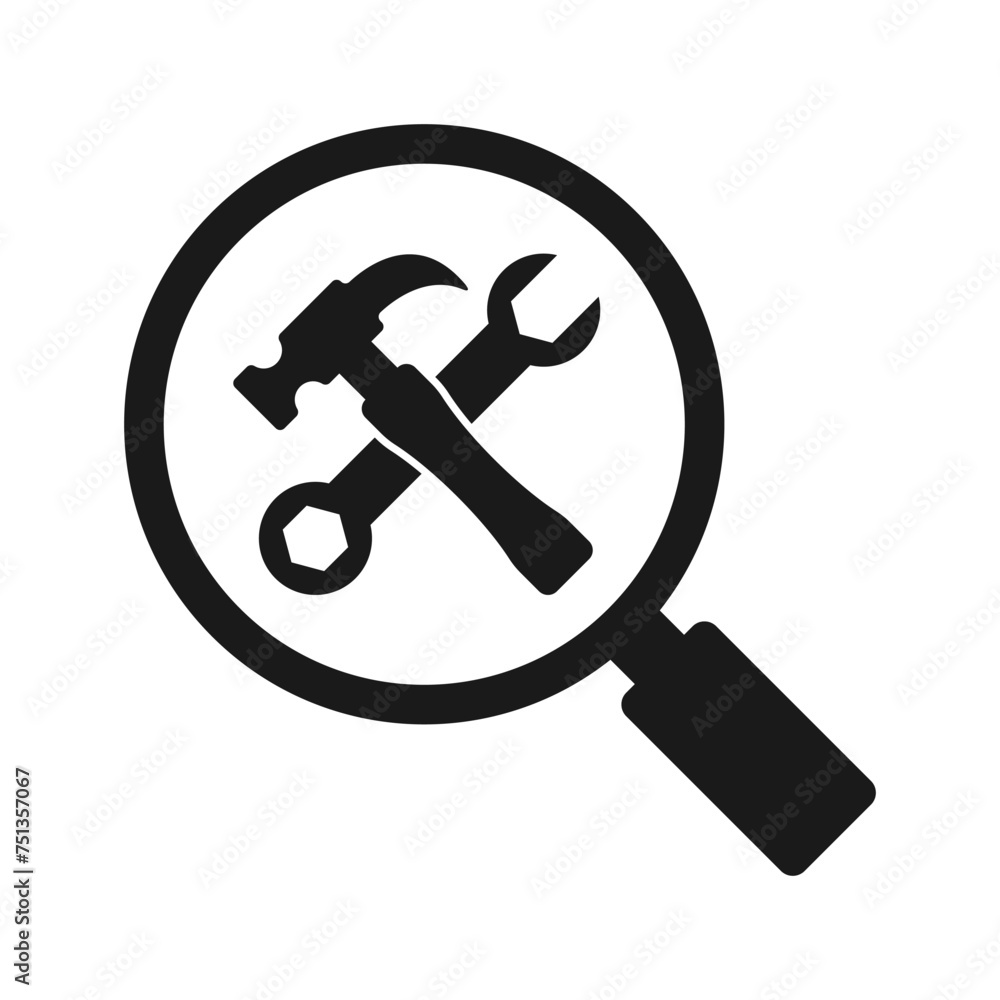 Icon of hammer and wrench in magnifying glass. Vector illustration ...