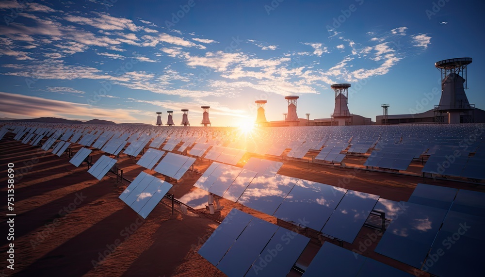 Rows of solar panels are aligned in front of the sun, harnessing its ...