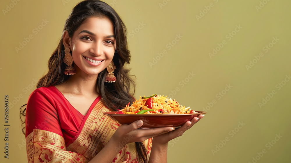 Young beautiful Indian woman in saree presenting a plate of aromatic ...