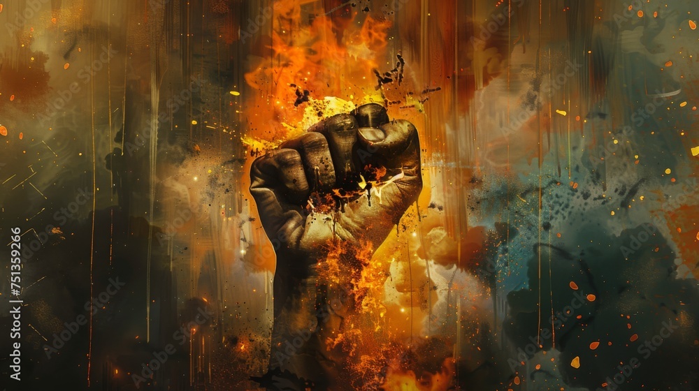 ภาพประกอบสต็อก Fiery Fist Raised in Power and Defiance Amidst Explosive ...