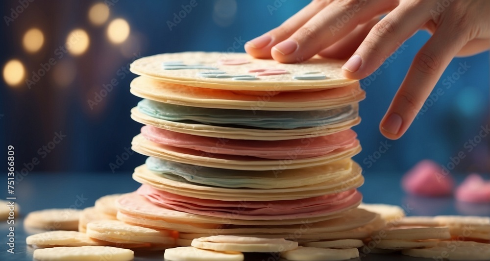 Compose an image of a hand holding a stack of ultra-realistic yummy ...