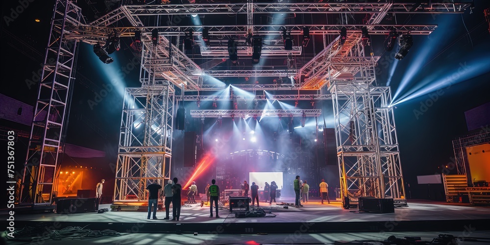 A Live stage production being built in a center stage type venue. Stage ...
