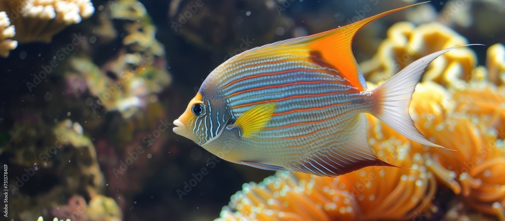 An exotic fish swims gracefully in the crystal-clear water near the ...