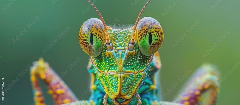 A vibrant, colorful insect, identified as a majestic male Sphodromantis ...
