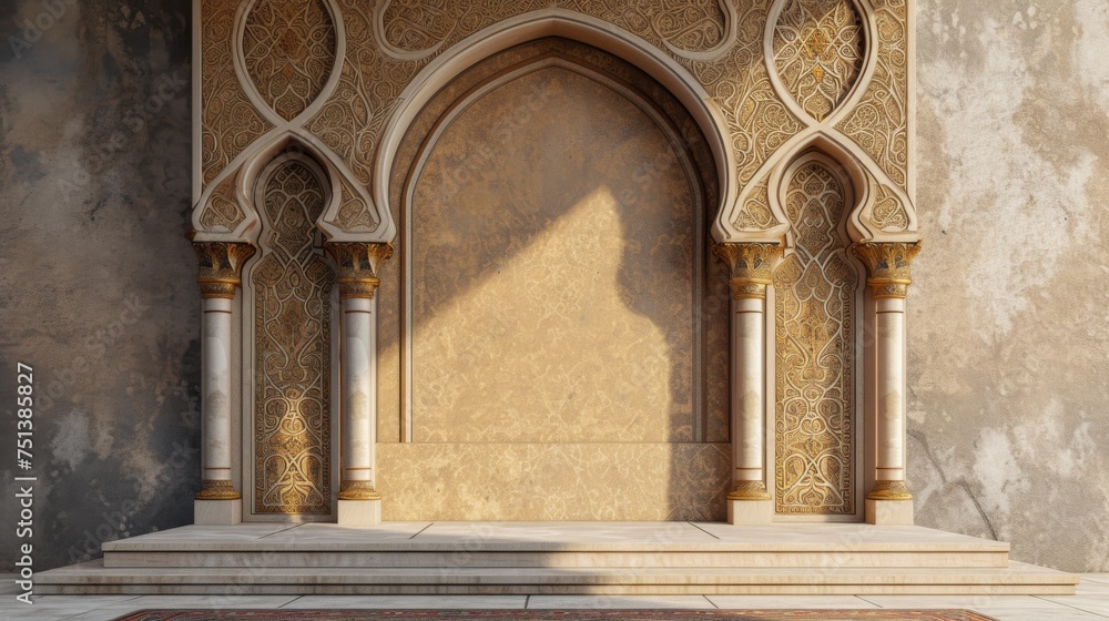 Sunlight bathes a tranquil corner featuring a Arabic arch with podium ...