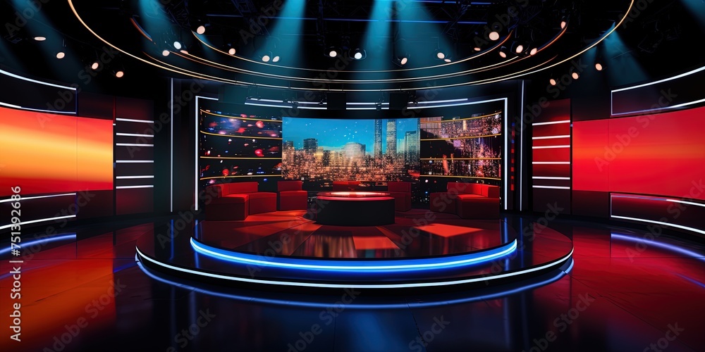 TV studio set in preparation. Large scale monitors. Stock Photo | Adobe ...