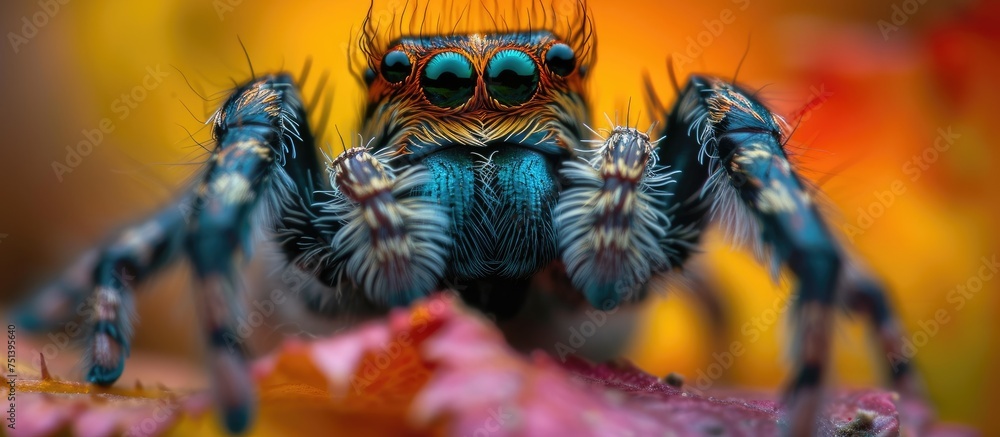 In this detailed shot, a vibrant blue jumping spider, identified as a ...