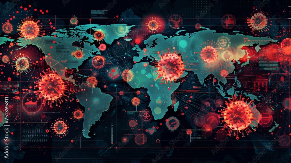 Virus Model. Artistic representation of a digital virus threat over a ...