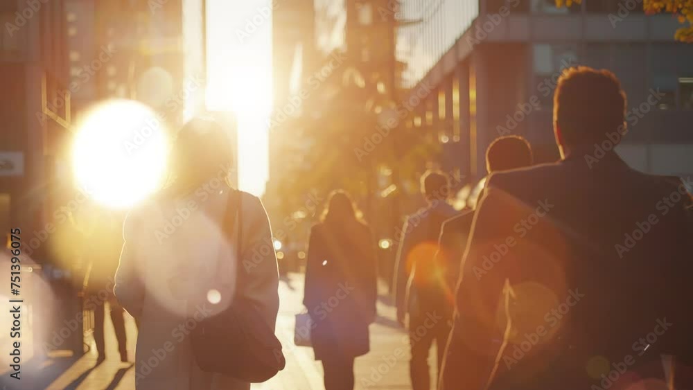 commuters walking to work with morning sun light. seamless looping ...