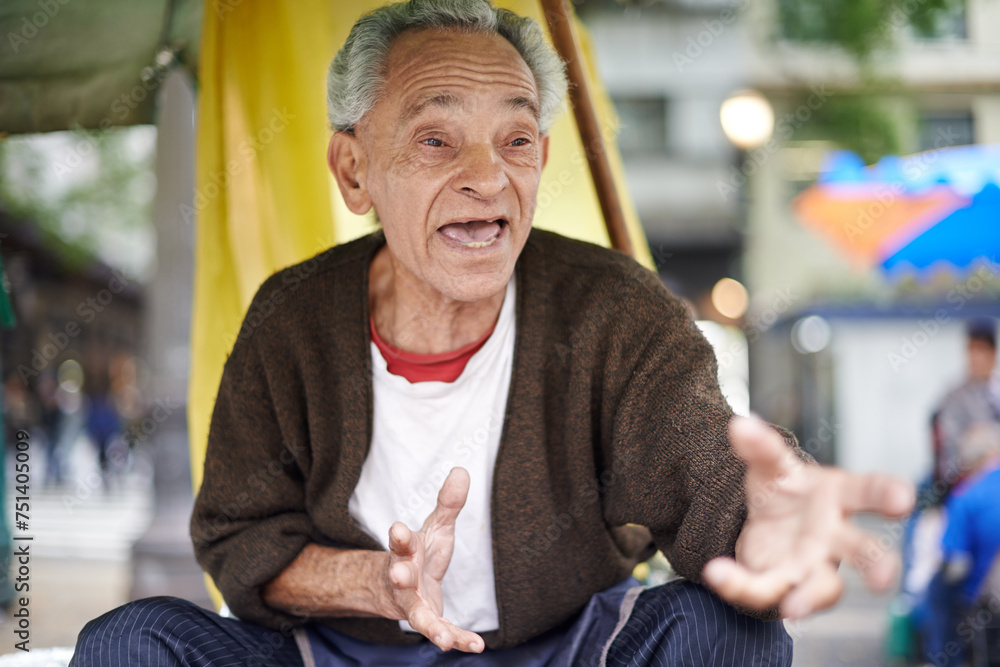 Conversation, city and elderly man talking in a neighborhood outdoor ...