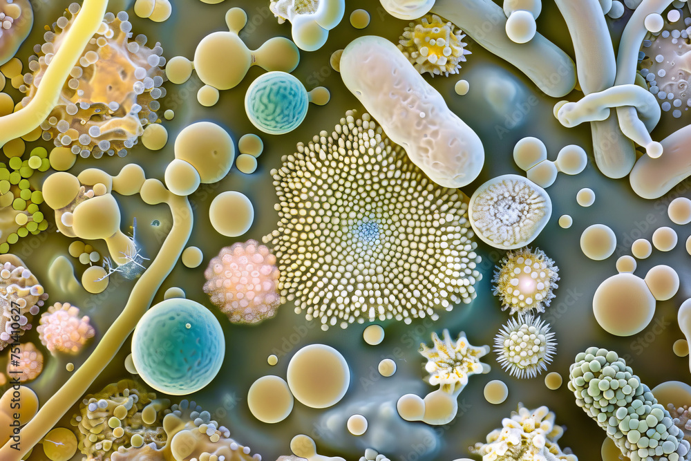 Bacteria diversity under microscopic magnification background ...