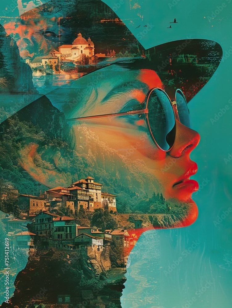 A surrealist poster design with a huge profile of an Eastern ...
