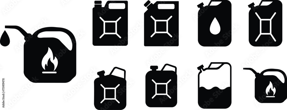 Set of Fuel cans icons in Black Fill styles. Handles jerry cans. Petrol ...
