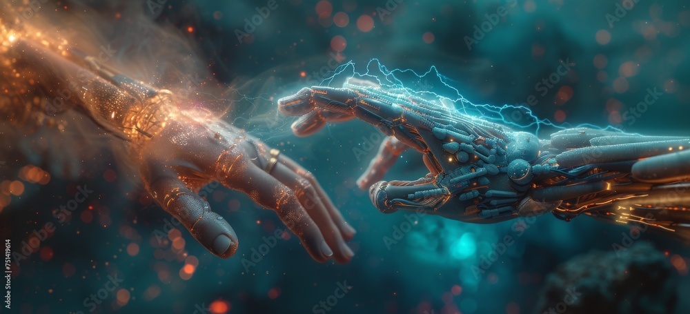 Person is touching one of the hands from AI, in the style of light sky ...