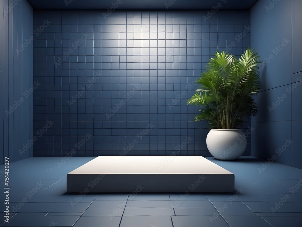 Dark blue wall and white tile floor design, 3D rendering template ...