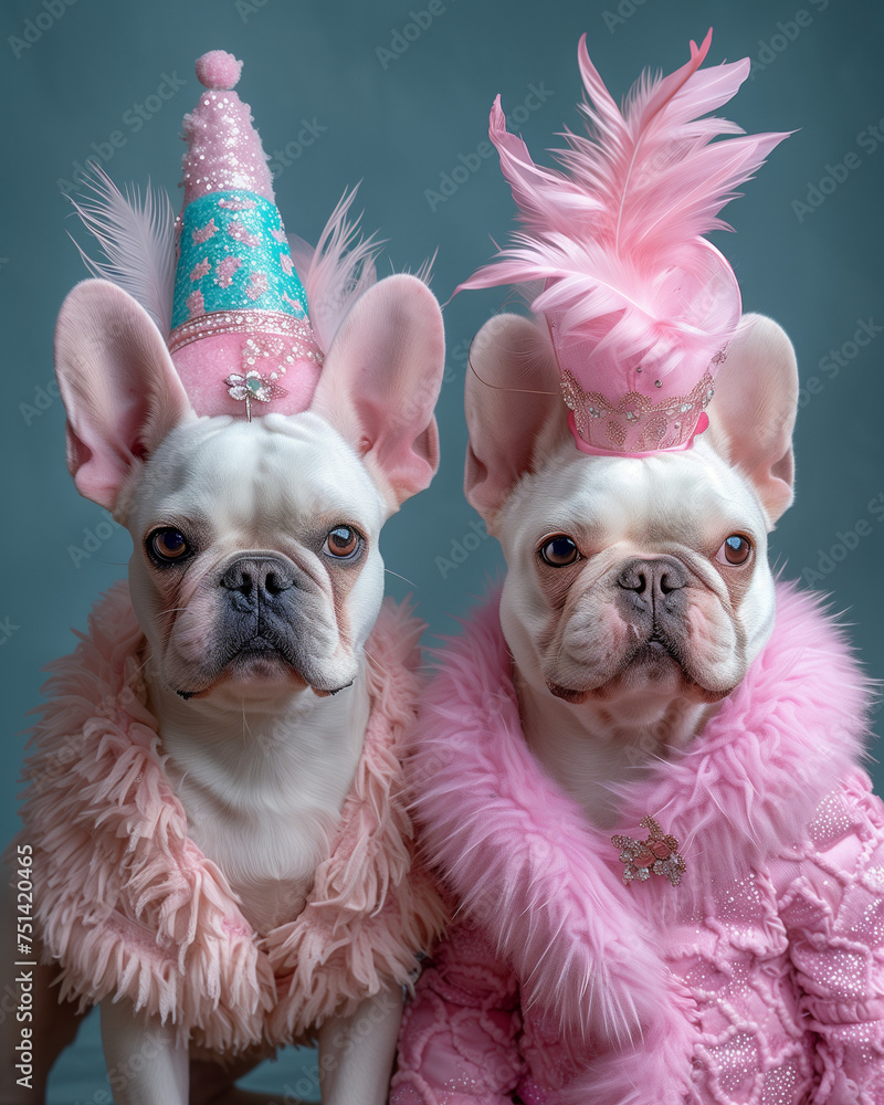 Adorable French Bulldogs posing as people in festive party attire. Two ...