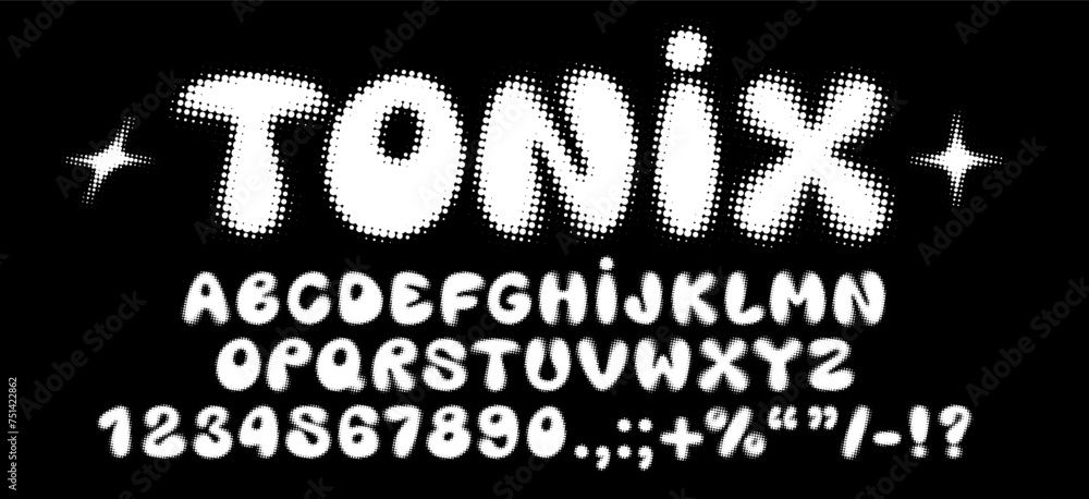 Y2K bubble balloon halftone font, retro toner grain and dot risograph ...