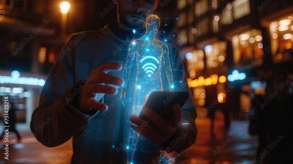 Man with AR Projection of Connectivity Icons. Person using a tablet ...