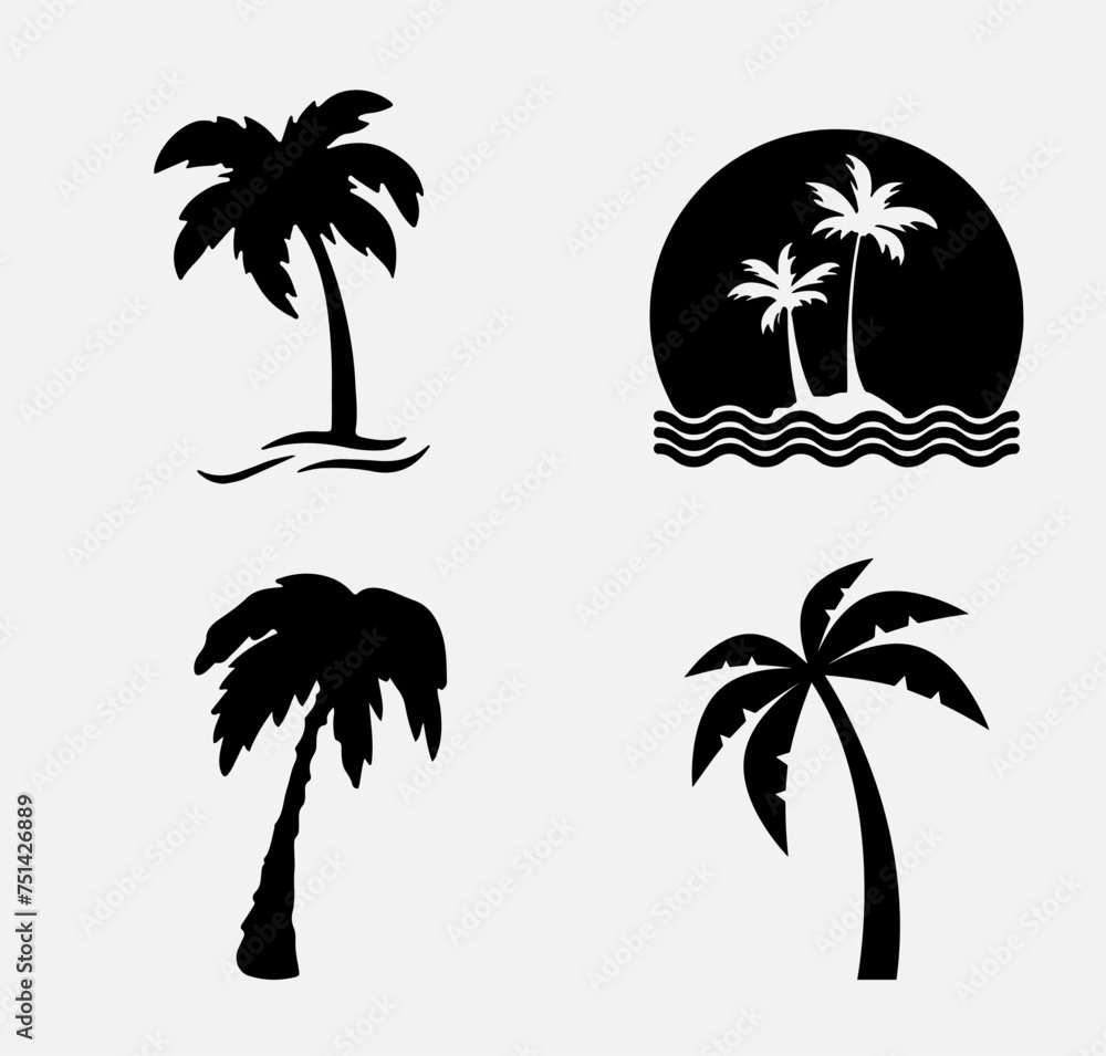 Black palm trees set isolated on white background. Palm silhouettes ...