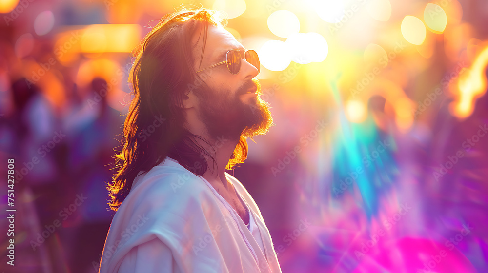 Jesus Christ in modern attire with sunglasses, radiating love and peace ...