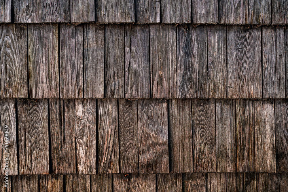 Texture of worn wooden roof tile pattern, detail of a typical old ...