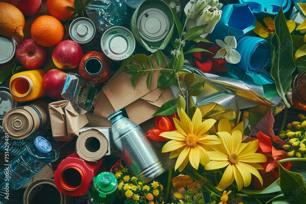 Diverse recyclable materials garbage, promoting the concept of reduce ...