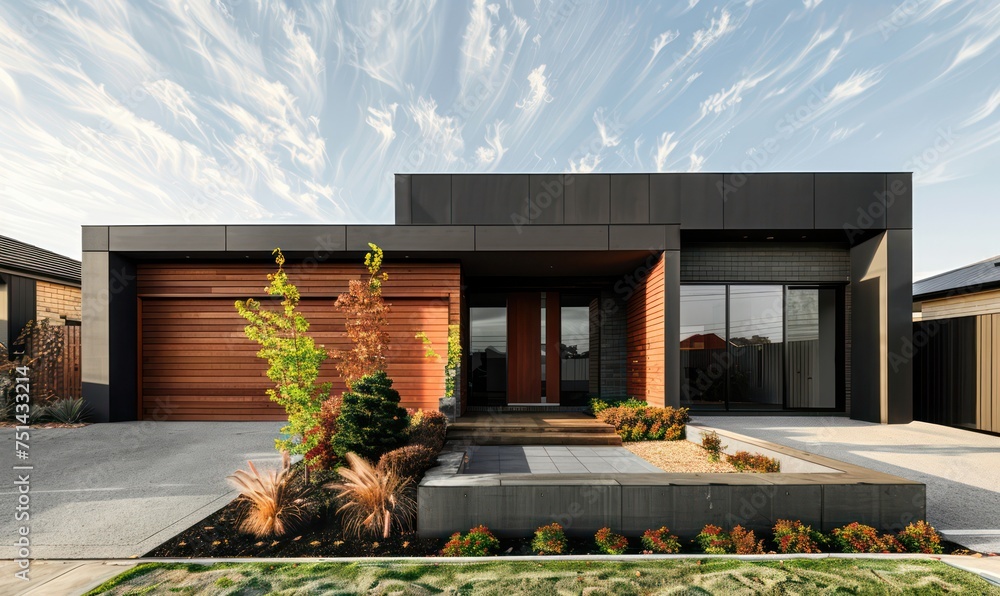ภาพประกอบสต็อก Minimalist style architectural design of a flat roof ...