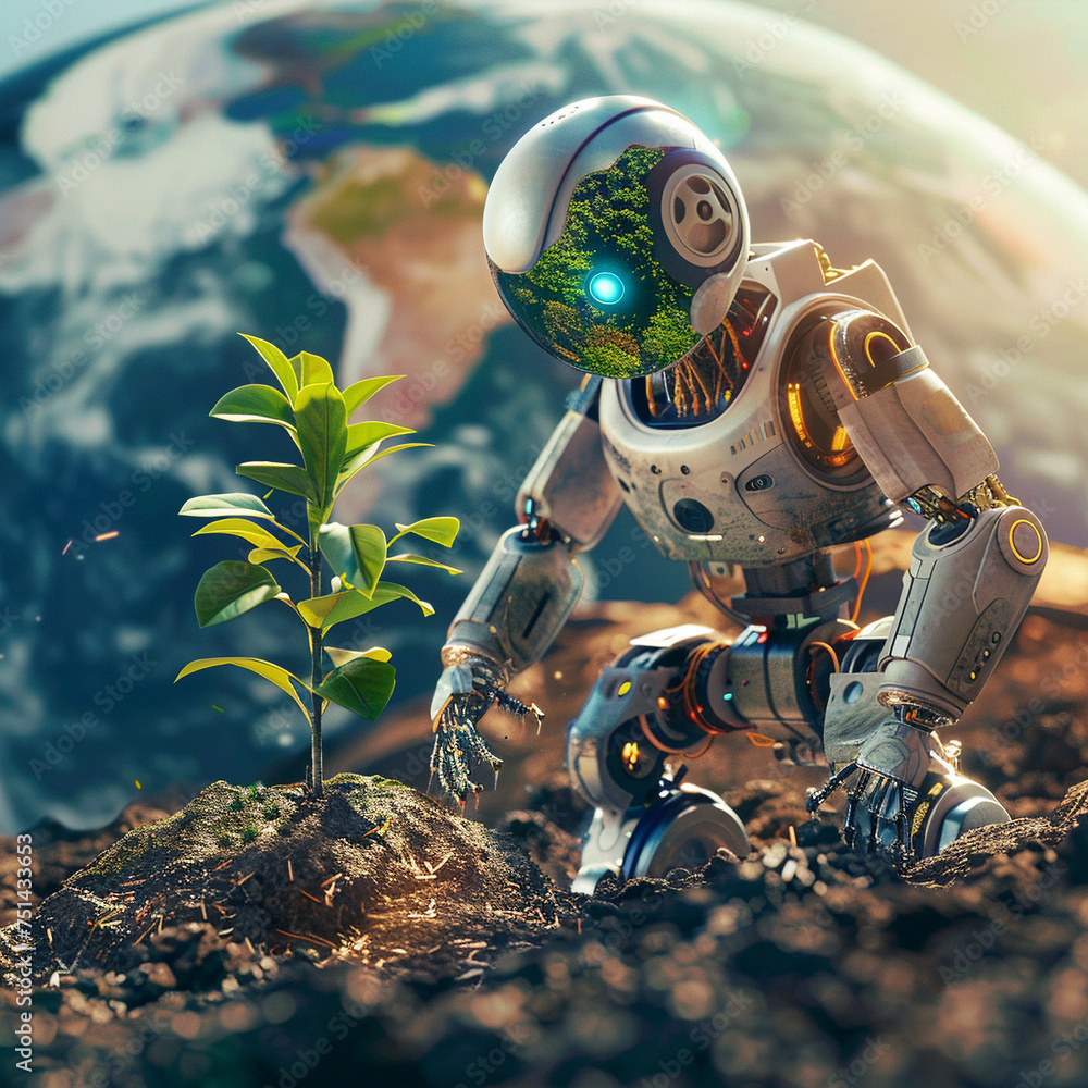 Futuristic robot planting a young tree with an Earthlike planet in the ...