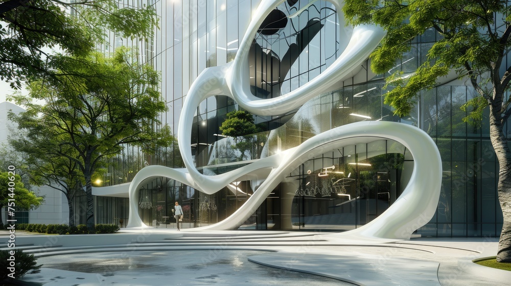 a glass office building inspired by a complicated labyrinth, parametric ...